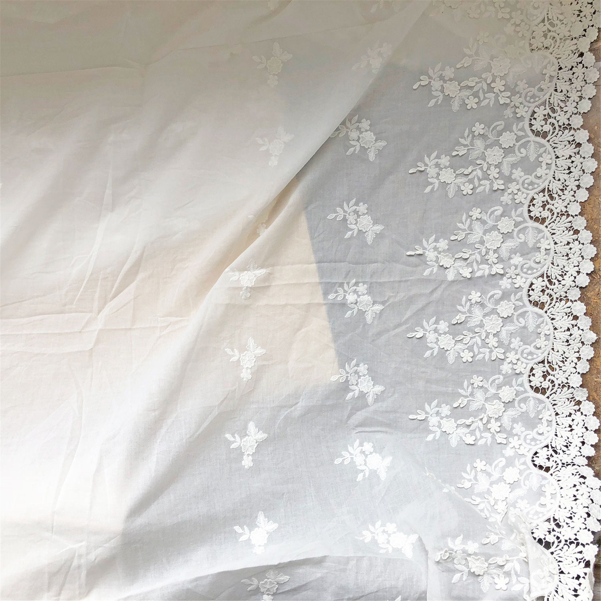 Soft Cotton Fabric With Embroidery Flower Details Scalloped Edge 3D ...