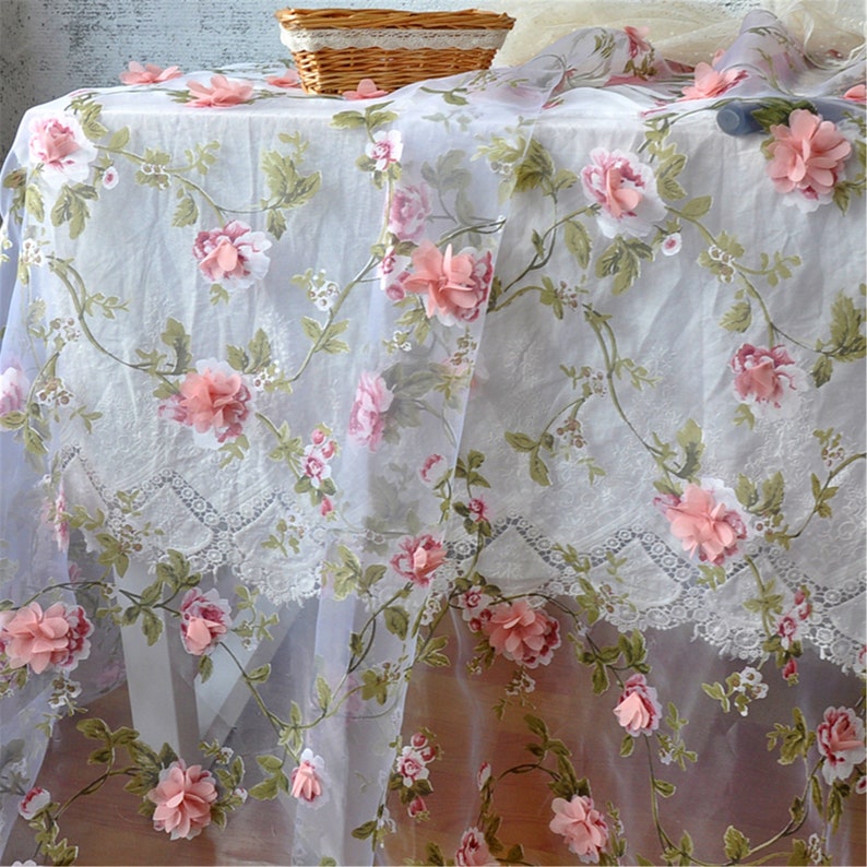 Organza Printed Flower Fabric With 3D Flower Embroidery Blossom Lace ...