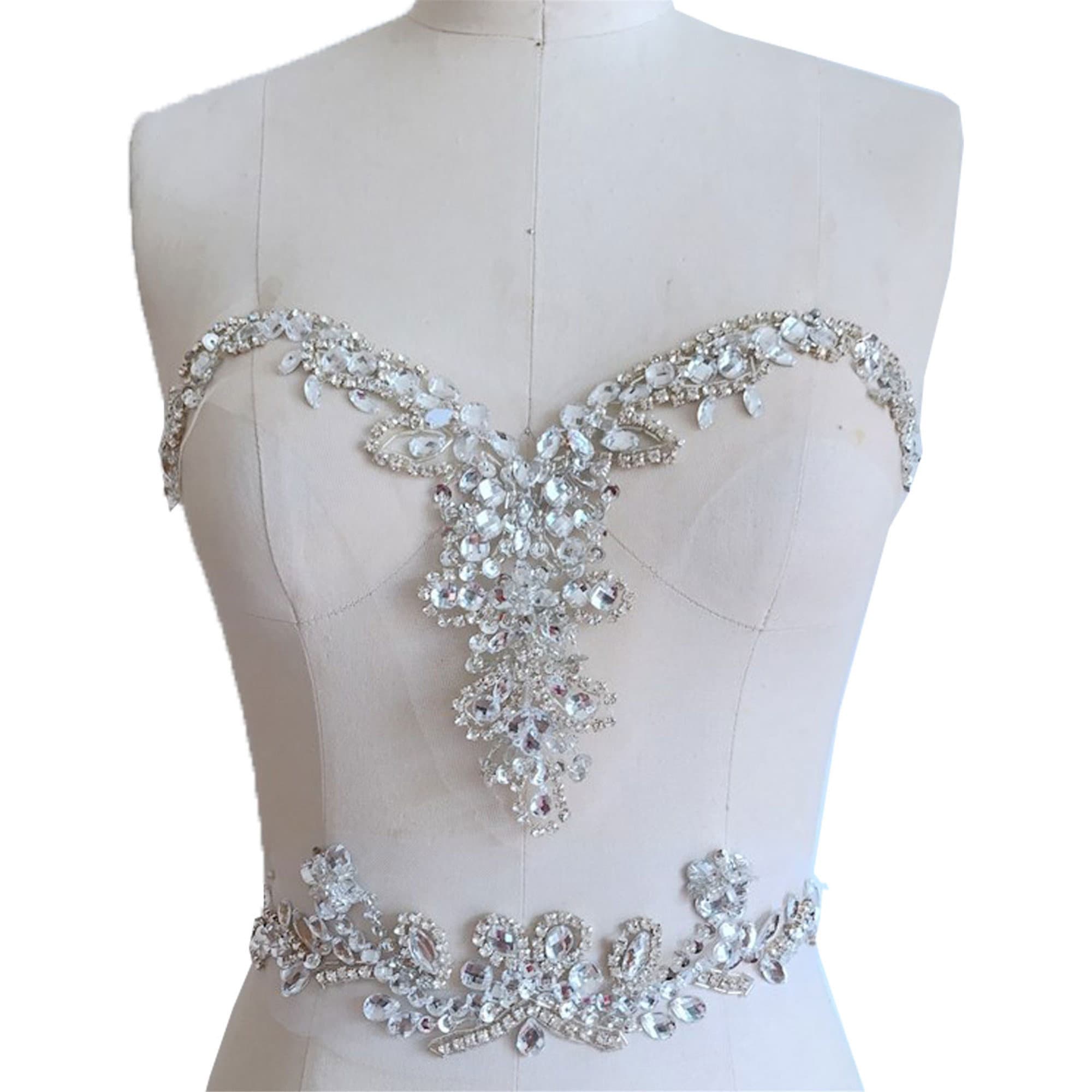 Bling Beaded Applique V-neck Rhinestone Sequin Trim Bridal Applique ...