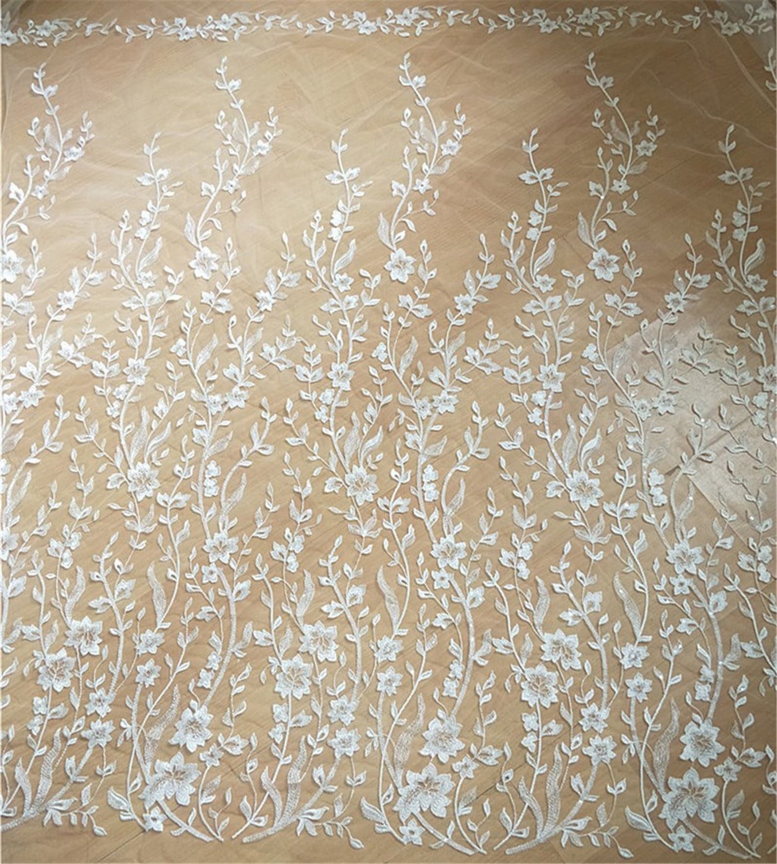 Vine Leaves Embroidery Lace Fabric, Embroidery off White Lace Mesh ...