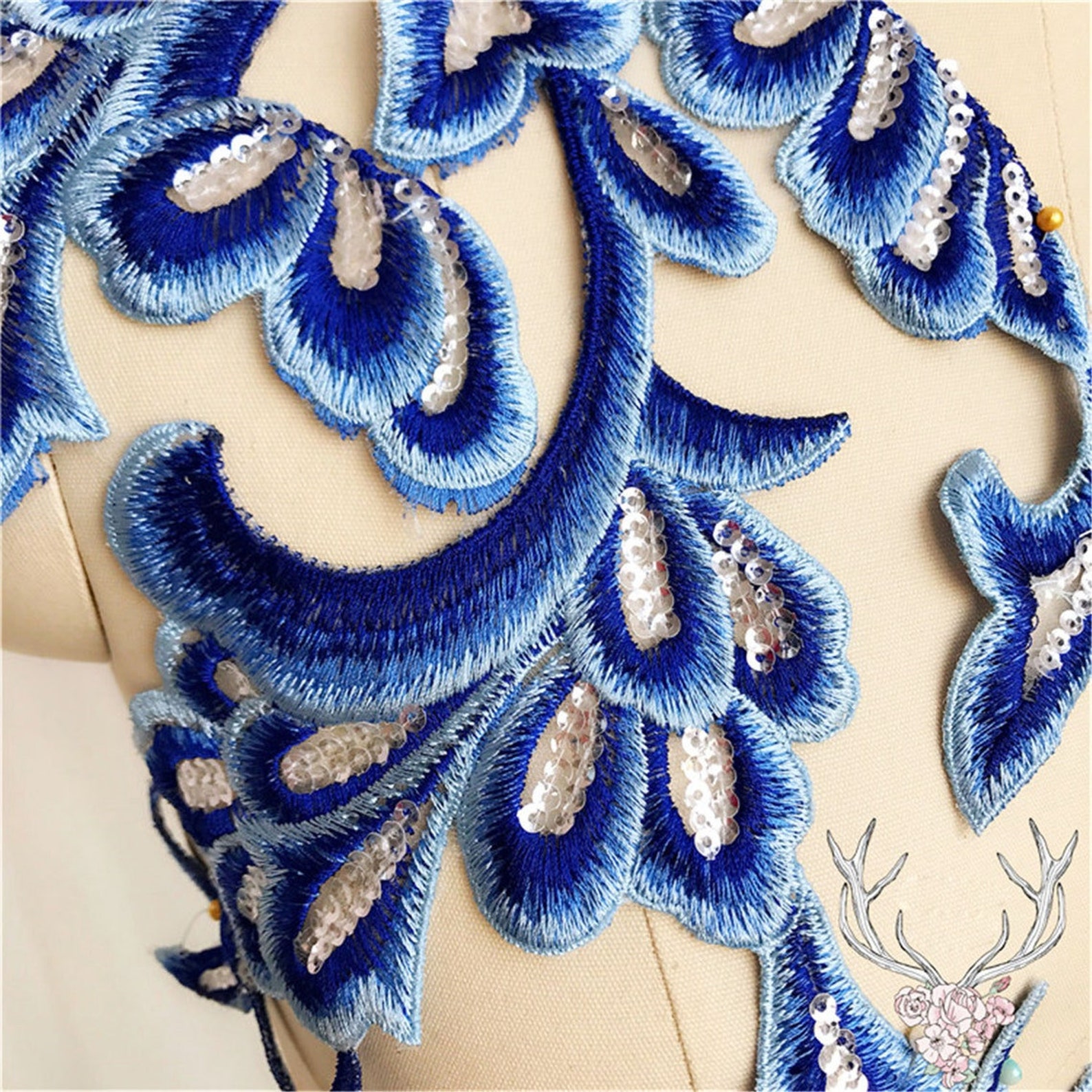 Blue Sewing Applique Sequins Lace Motif Trims Embroidery Pattern ...