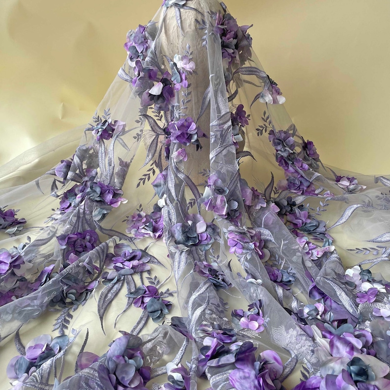 Purple 59 Inche Width Vintage 3D Flower Embroidery Blossom Lace Fabric ...