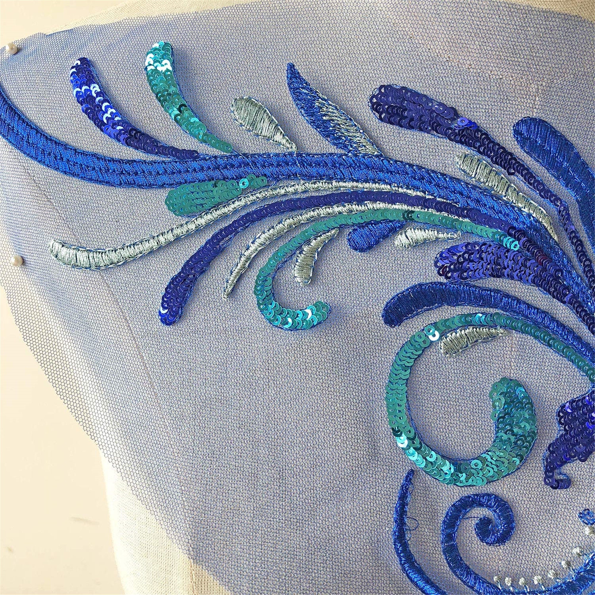 Royal Blue Lace Applique Wing Shape Motif Sequined Embroidery Floral ...
