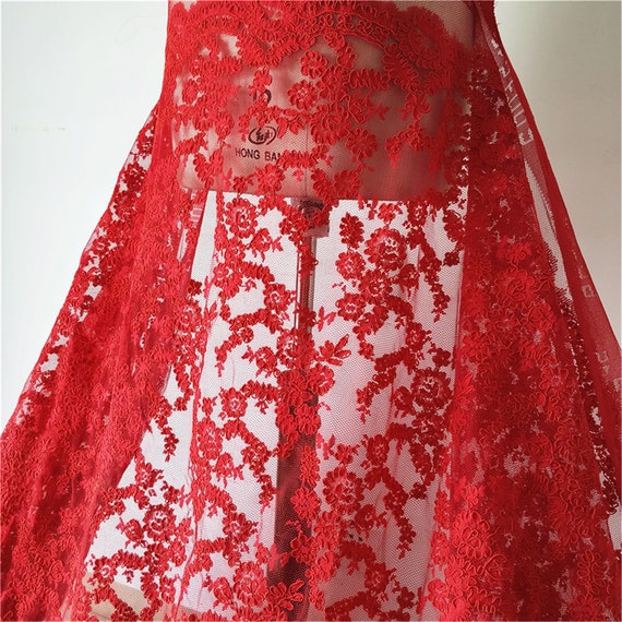 Red Elegant Floral Embroidered Cord Lace Fabric Mesh for | Etsy
