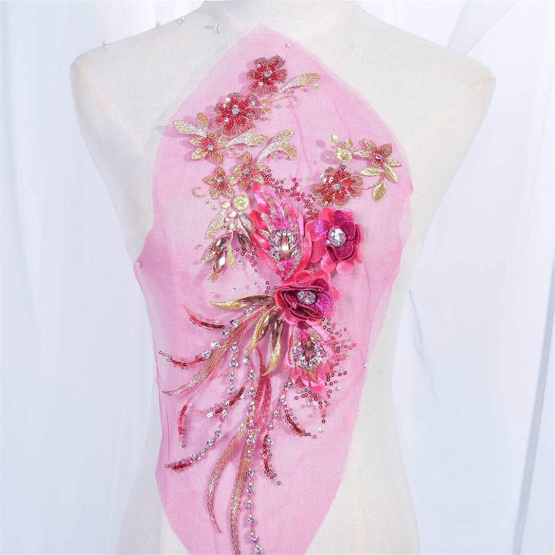 Vintage Hot Pink 3D Flower Lace Applique With Rhinestone Sequined ...