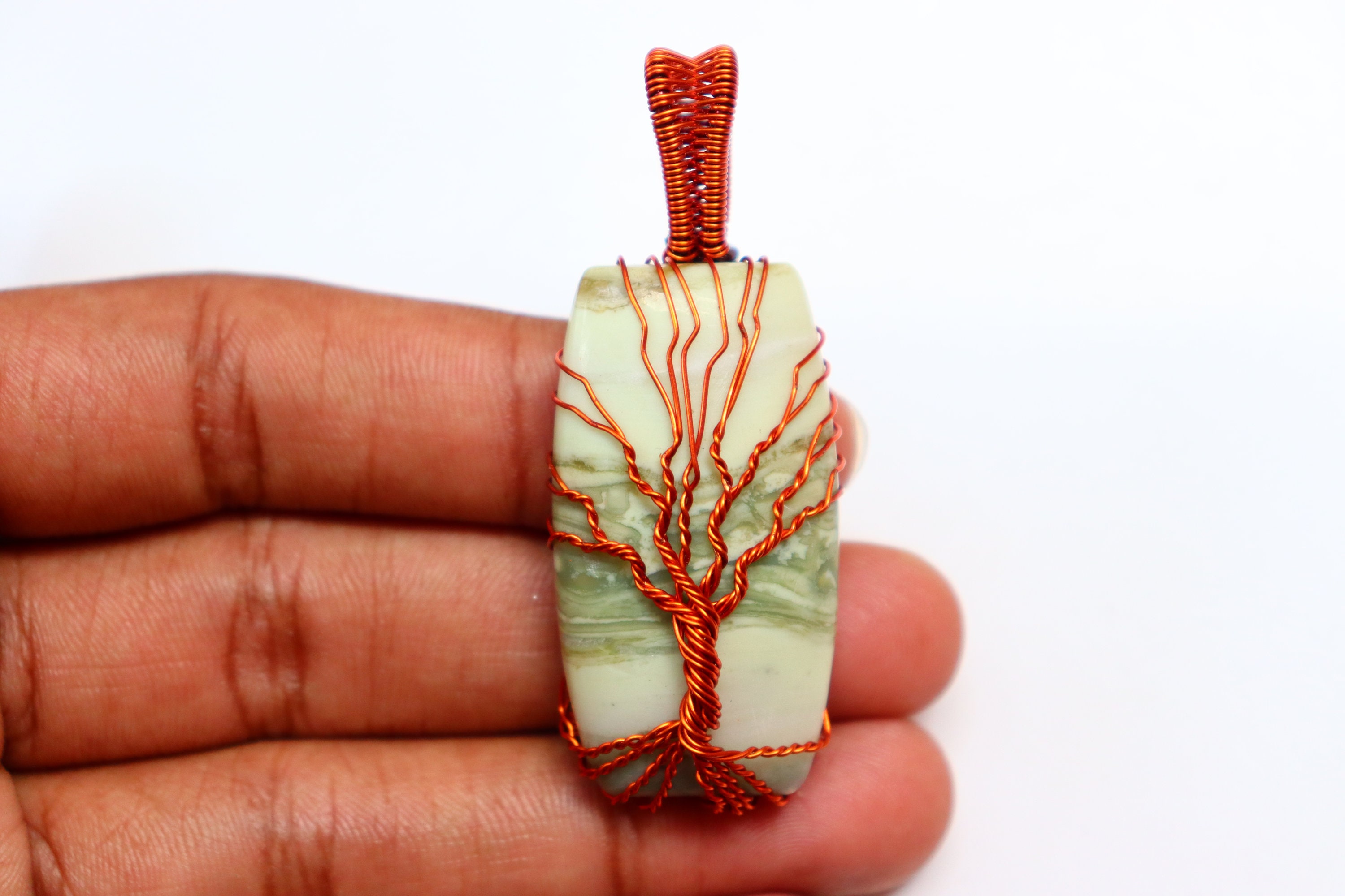 Green Serpentine Wire Wrapped Pendant, Copper Pendant, Natural Banded ...