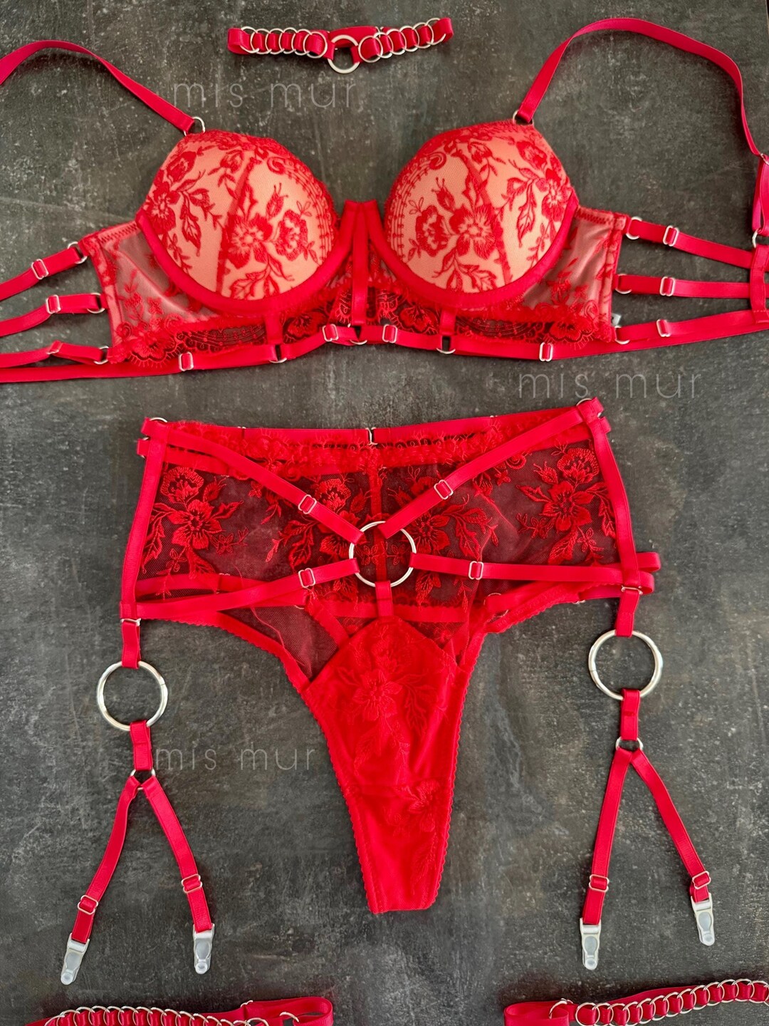Elegant Red Lace Lingerie Set Custom Push Up With Garter Belt Classy