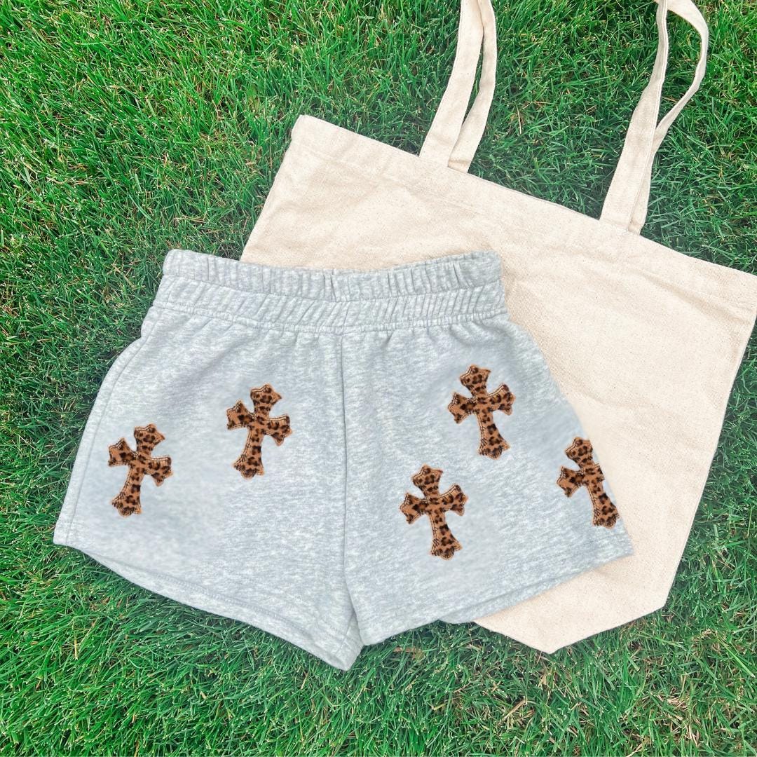 Cheetah Print Chrome Hearts Cross Sweat Shorts Set, Trendy Patchwork ...