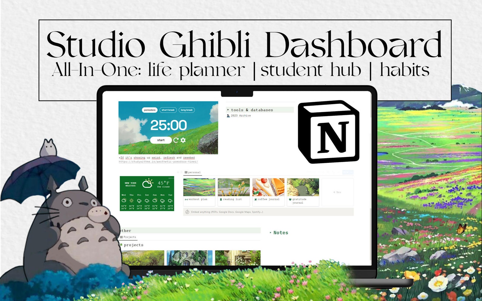 Studio Ghibli All in One Dashboard Notion Template Aesthetic, With Weekly Planner, Habit Tracker ...
