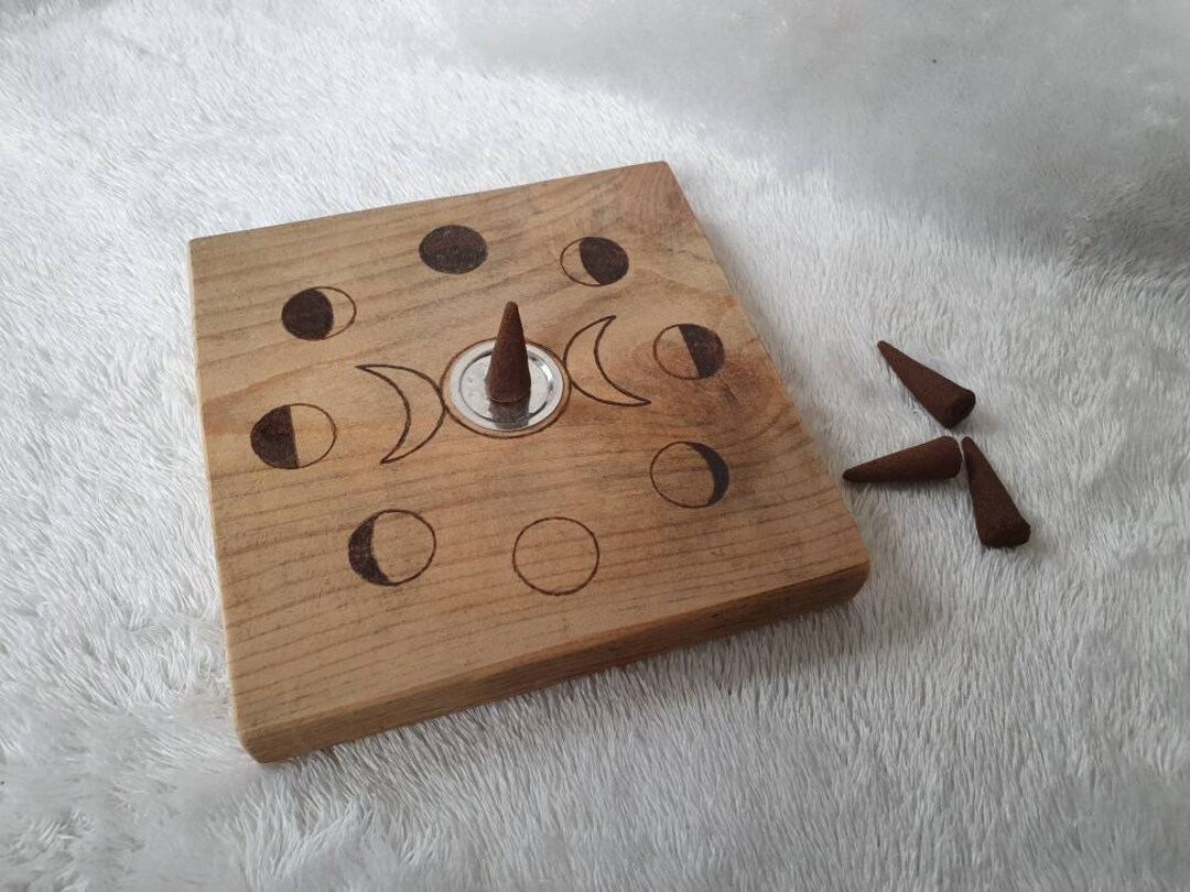 Handmade Hand Pyrography Wicca Moon Phase Incense Burner With 4 Incense ...