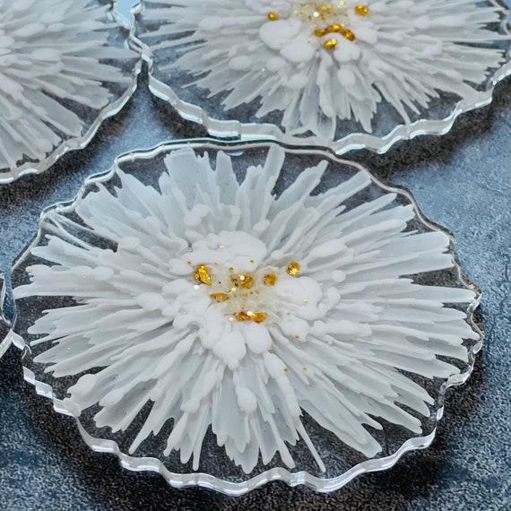 Flower Bloom Coasters Handmade White and Gold. 5-5.1 inch in | Etsy