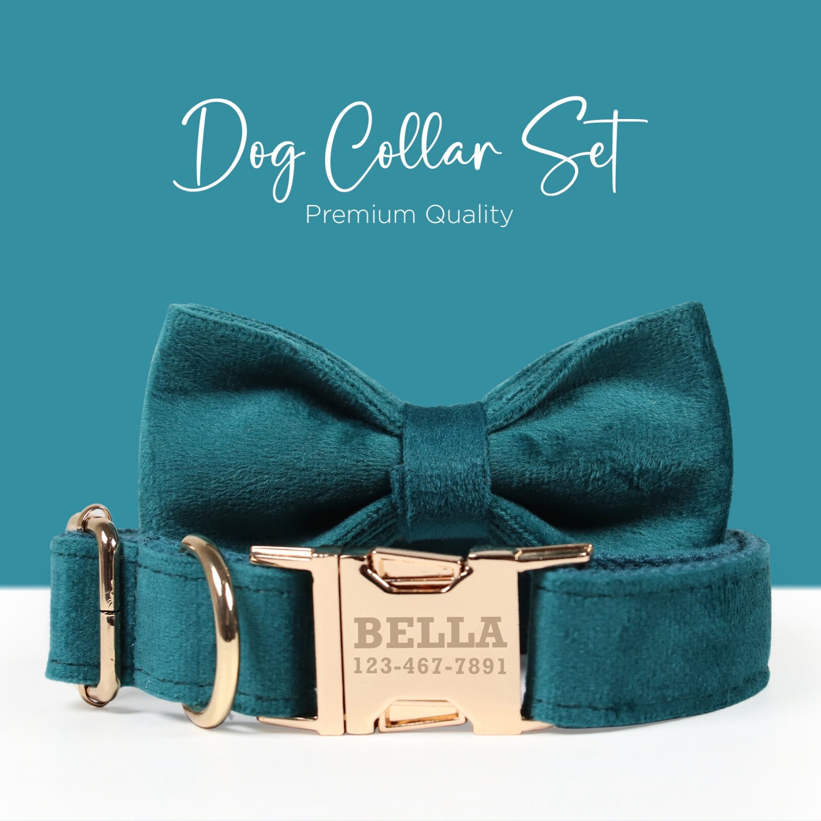 Luxury Velvet Dog Leash Set, Personalized Dark Green Velvet Dog Collar ...