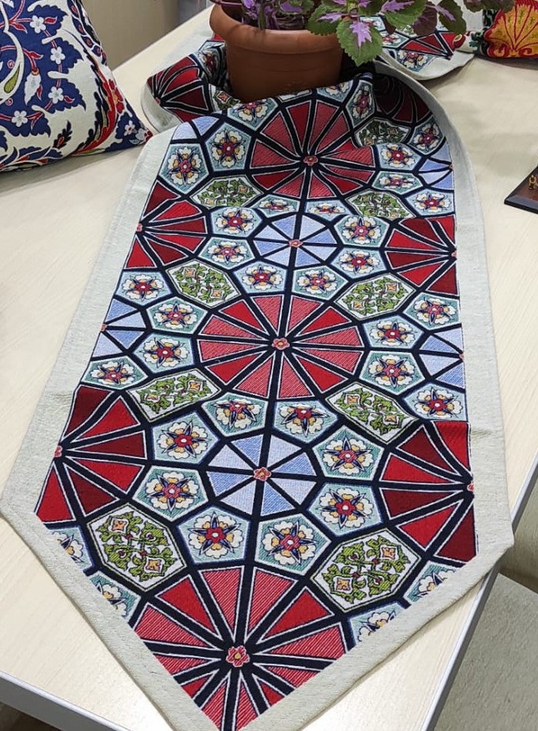 Red Circle Design RUNNER Tile Pattern Tapestry Table Runner| Tulip Tile ...