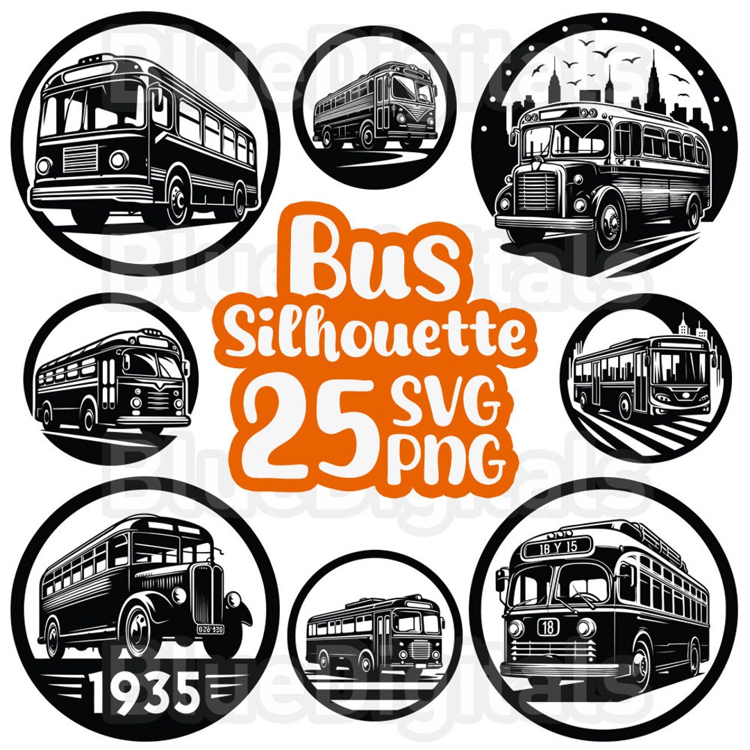 Bus Silhouette Bundle SVG, Retro Bus SVG Clipart, Vintage Tour Bus PNG ...