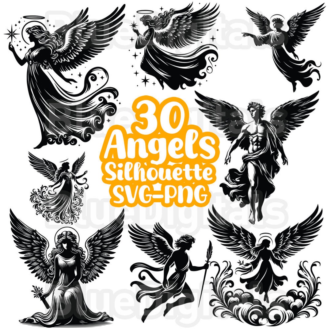 Angels SVG Silhouette Bundle, Angel Clipart, Angel PNG Silhouette ...