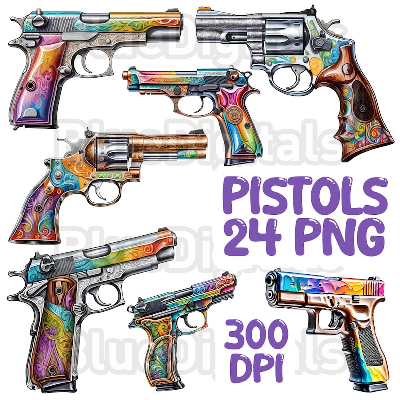 Watercolor Pistol PNG, Revolver PNG, Guns PNG, Watercolor Set of Png ...