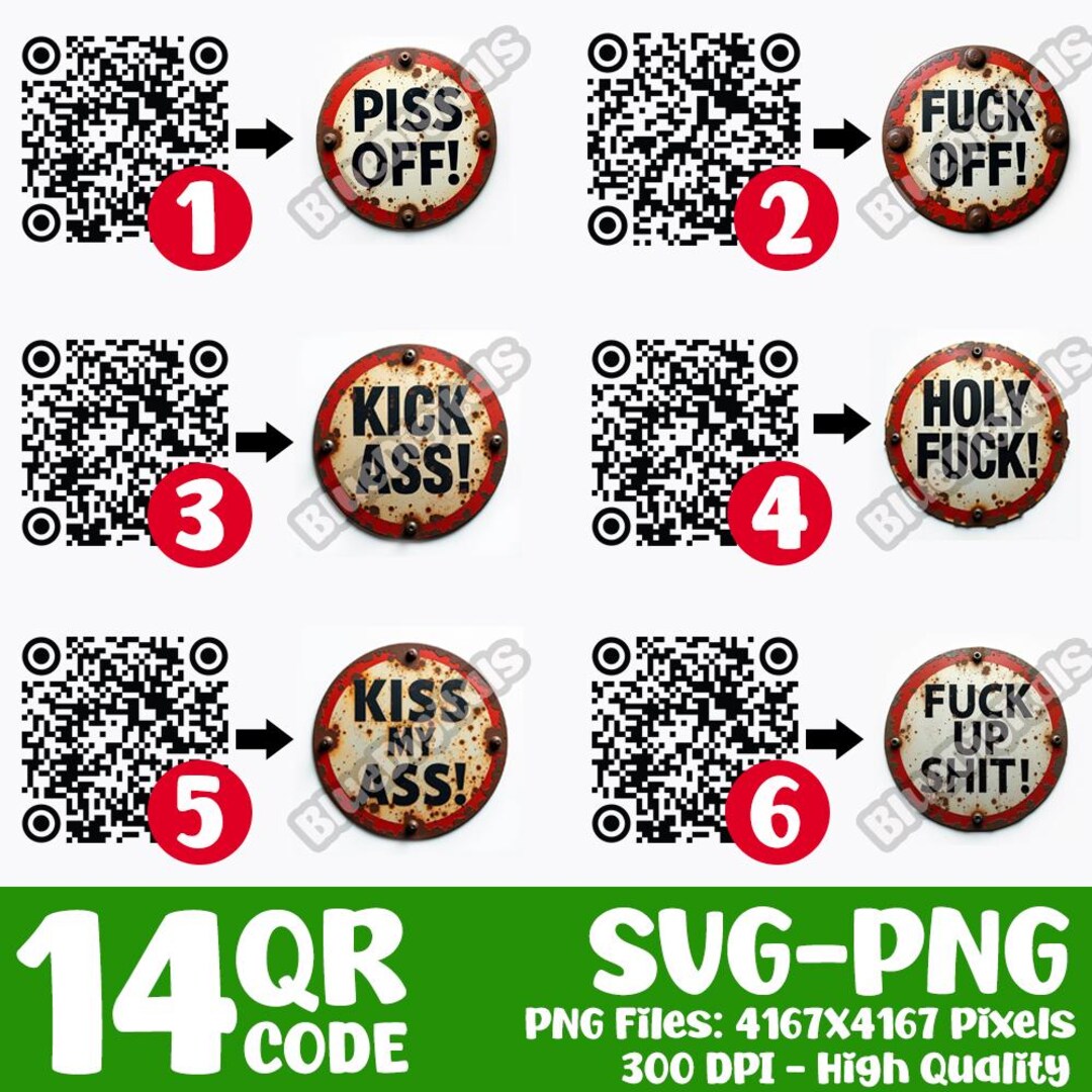 Swear Words QR Code, Funny Words QR Code Bundle, Set of 14, Swear Png ...