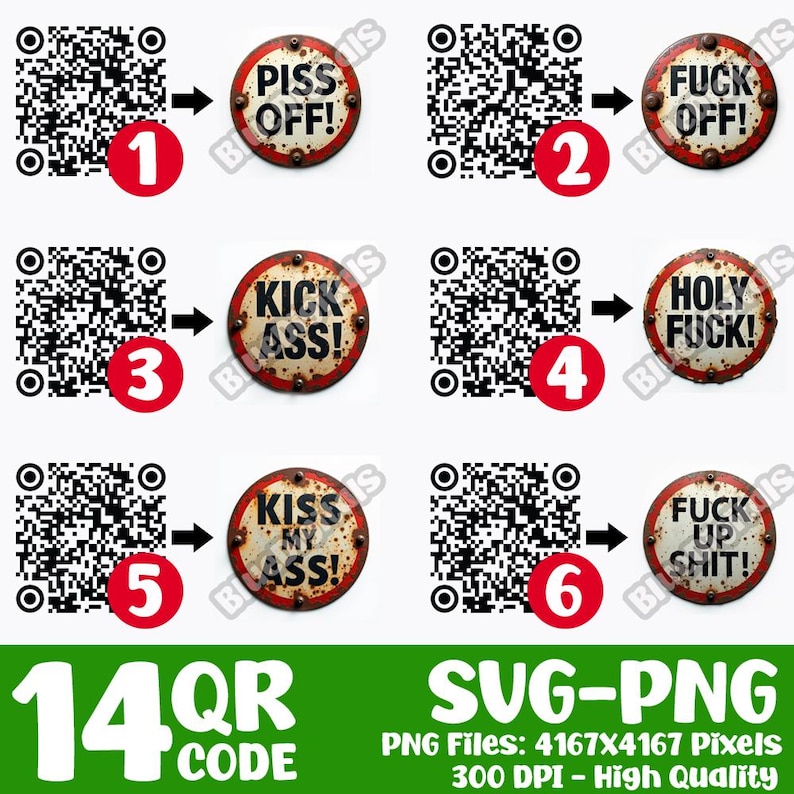 Swear Words QR Code, Funny Words QR Code Bundle, Set of 14, Swear Png Svg Qr Code, T-shirt ...