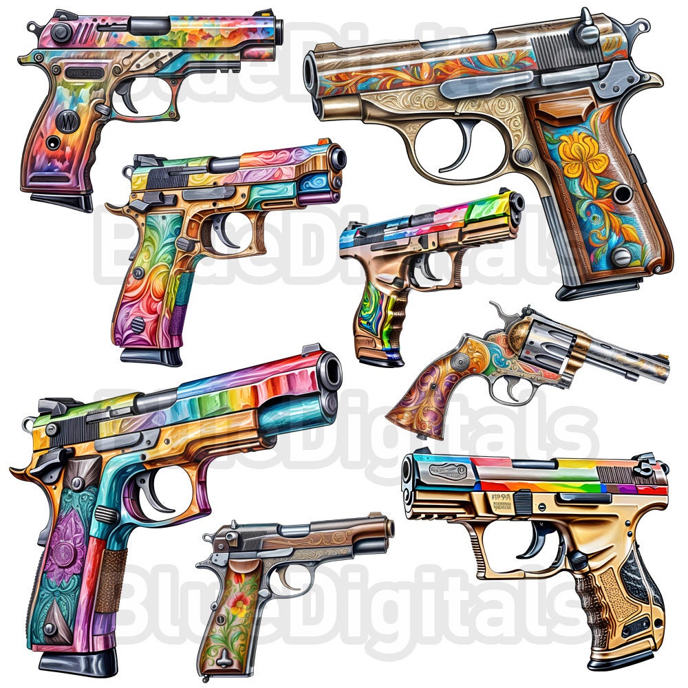 Watercolor Pistol PNG, Revolver PNG, Guns PNG, Watercolor Set of Png ...