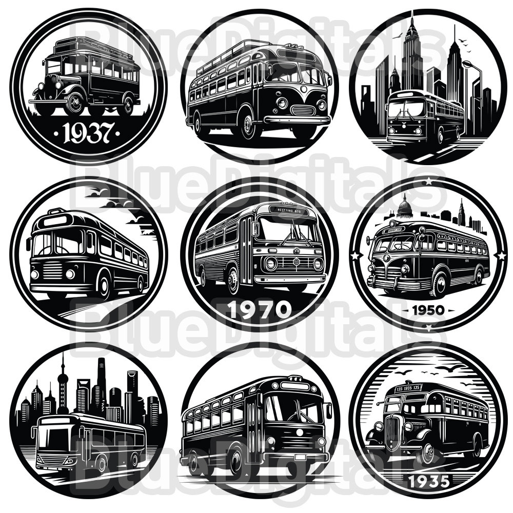 Bus Silhouette Bundle SVG, Retro Bus SVG Clipart, Vintage Tour Bus PNG ...