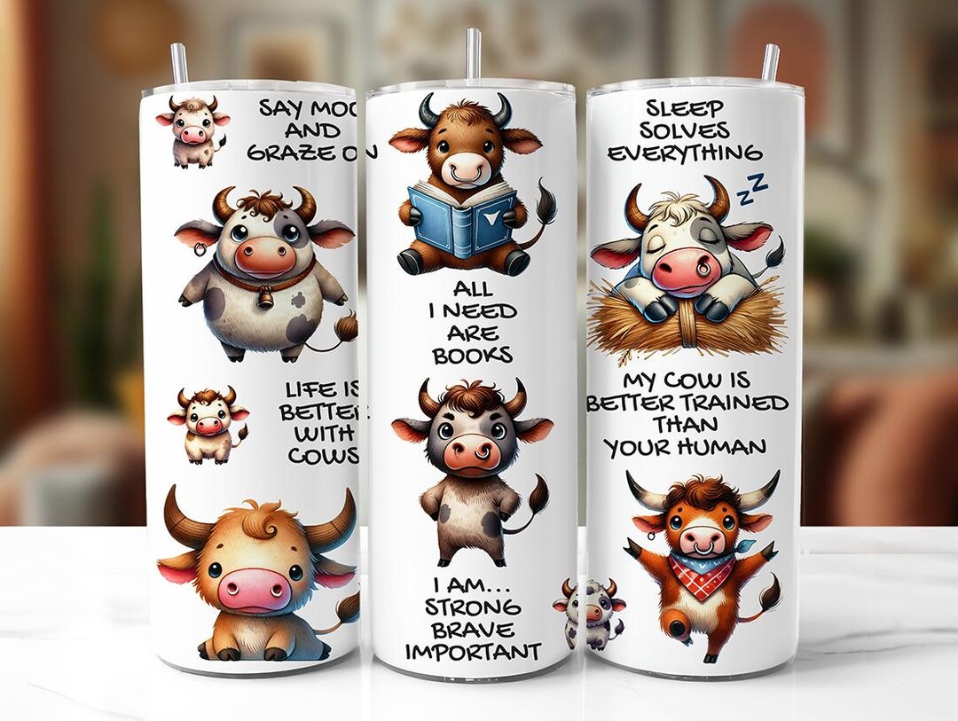 Funny Cows and Slogans PNG for 20oz Tumbler Wrap, Cute Watercolor Cows ...