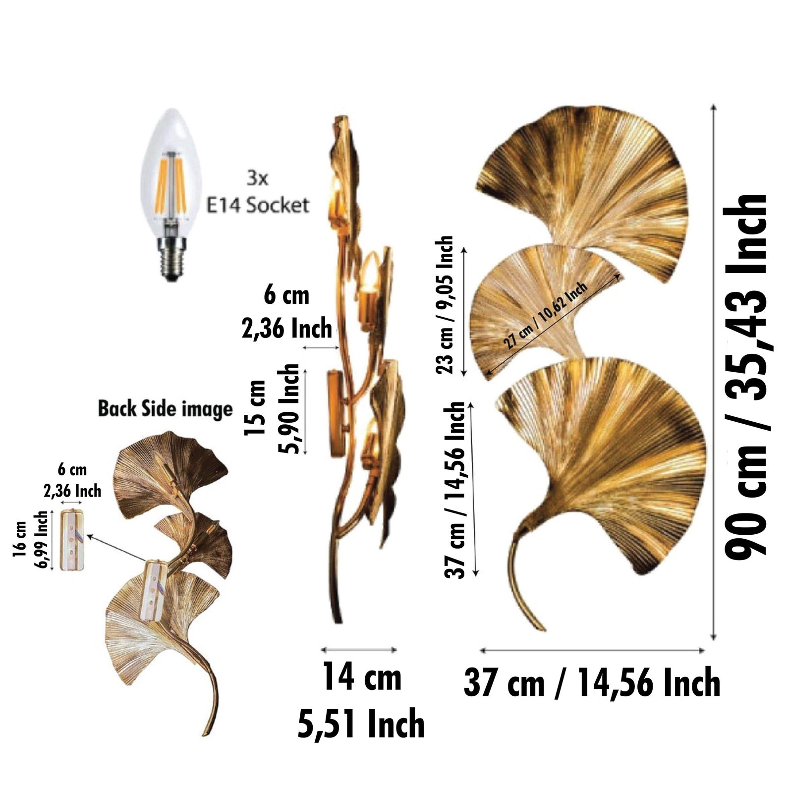 Mid Century Triple Ginkgo Leaf Wall Sconce, Handmade Gold Lamp, Home ...