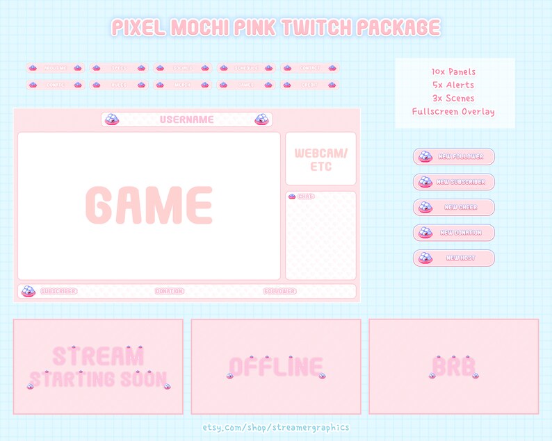 Pixel Mochi Pink Twitch Overlay Package Japanese Asian Food | Etsy