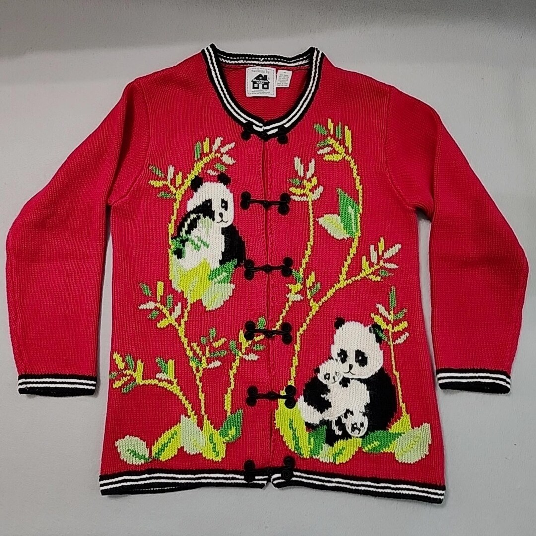 Vintage 90s Storybook Knits M Panda Cardigan Sweater Red Bears Asian ...