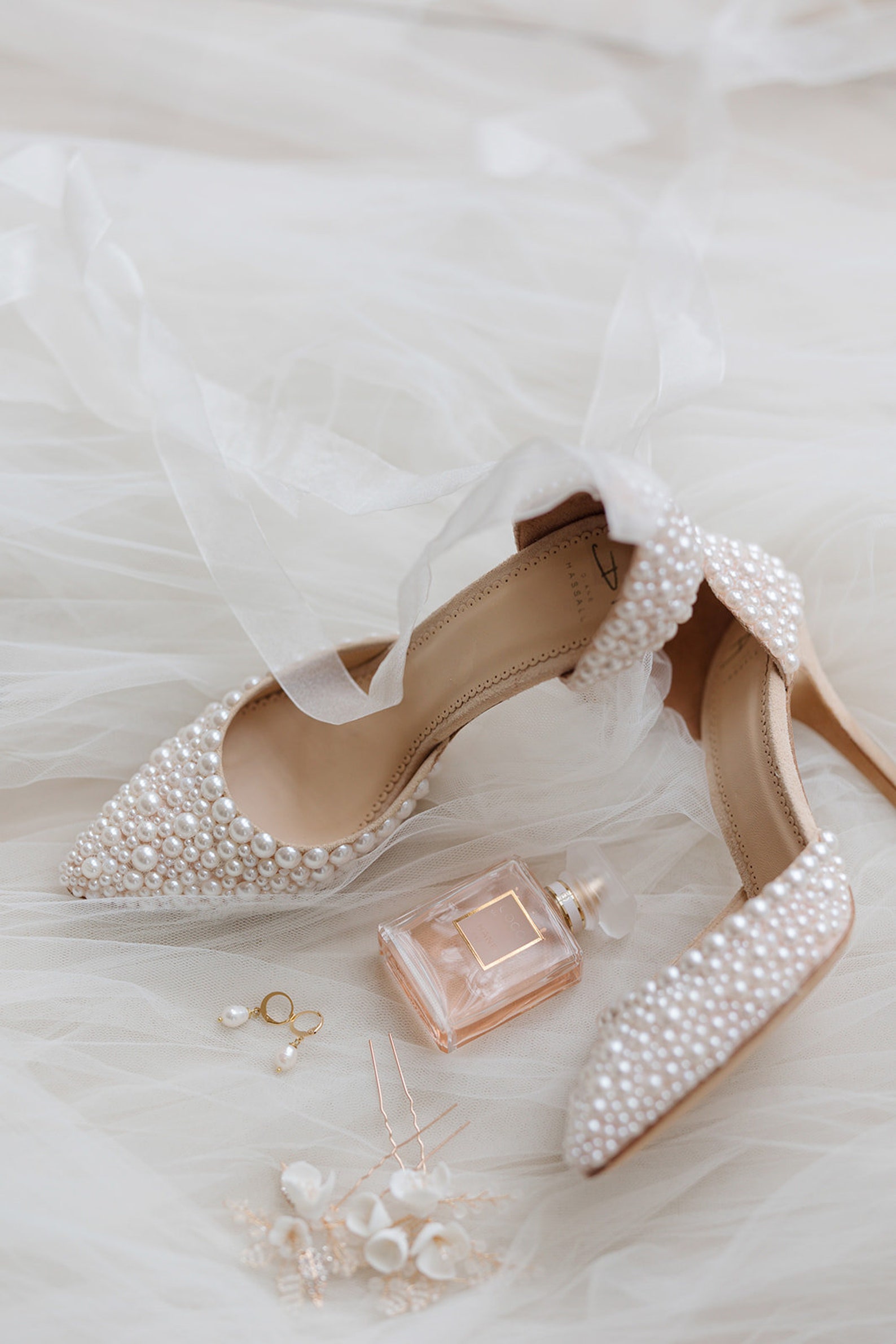 Perilla Pearl Wedding Shoes, Ankle Ties, Pearl Covered, Open Waisted ...