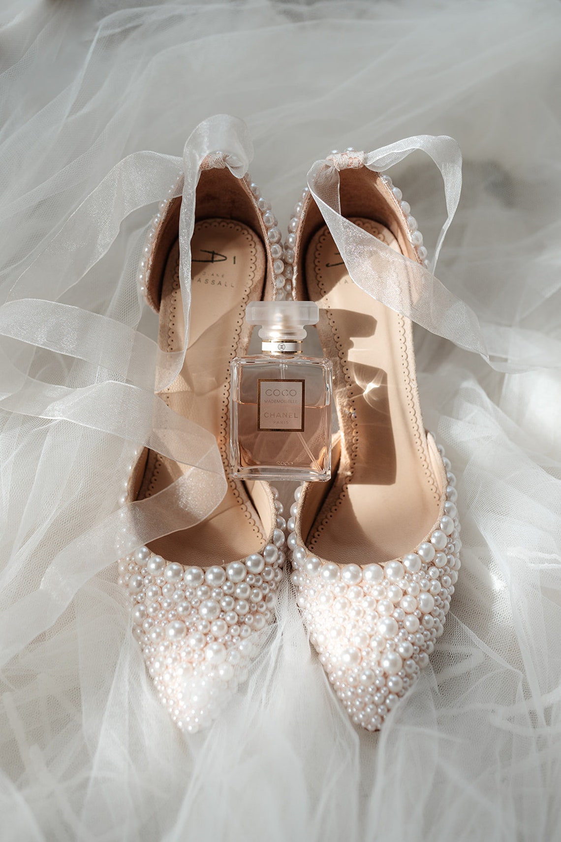 Perilla Pearl Wedding Shoes, Ankle Ties, Pearl Covered, Open Waisted ...
