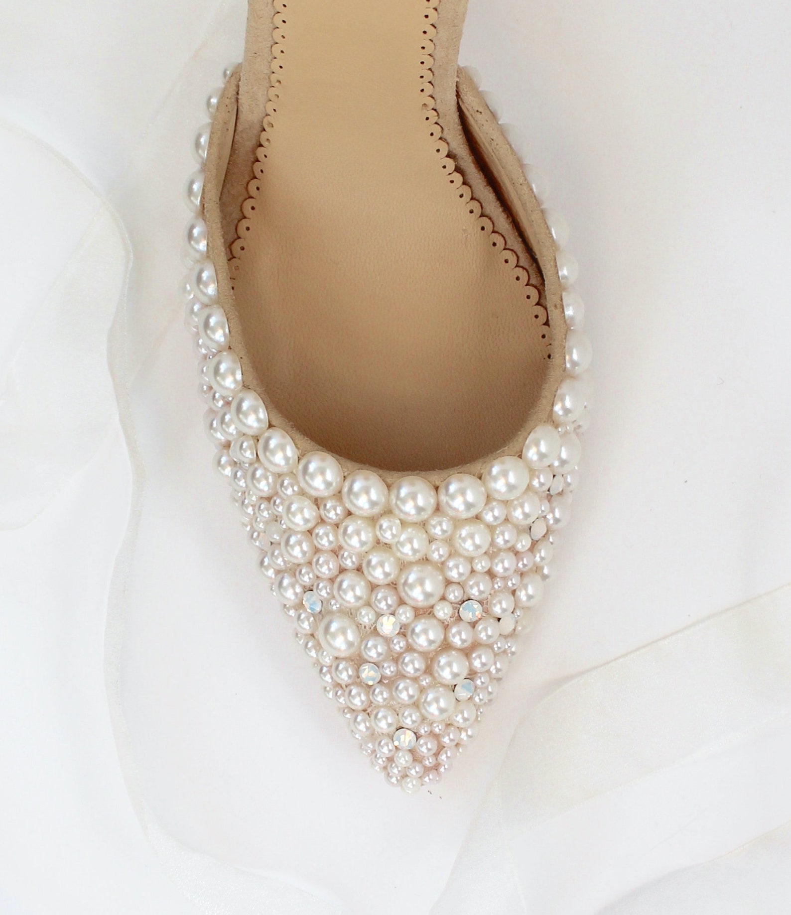 Perilla Pearl Wedding Shoes, Ankle Ties, Pearl Covered, Open Waisted ...