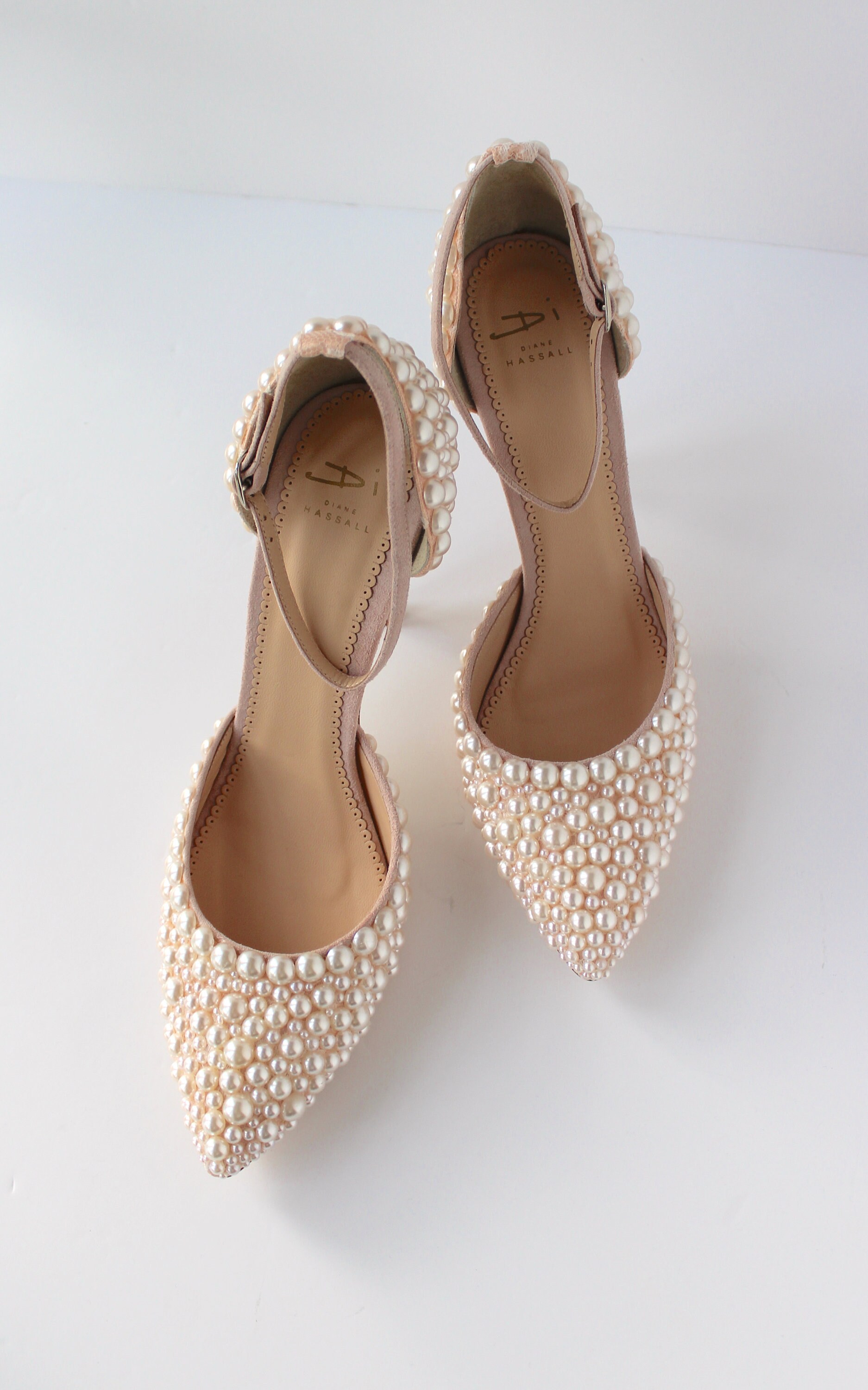 Perilla Pearl Wedding Shoes, Ankle Ties, Pearl Covered, Open Waisted ...