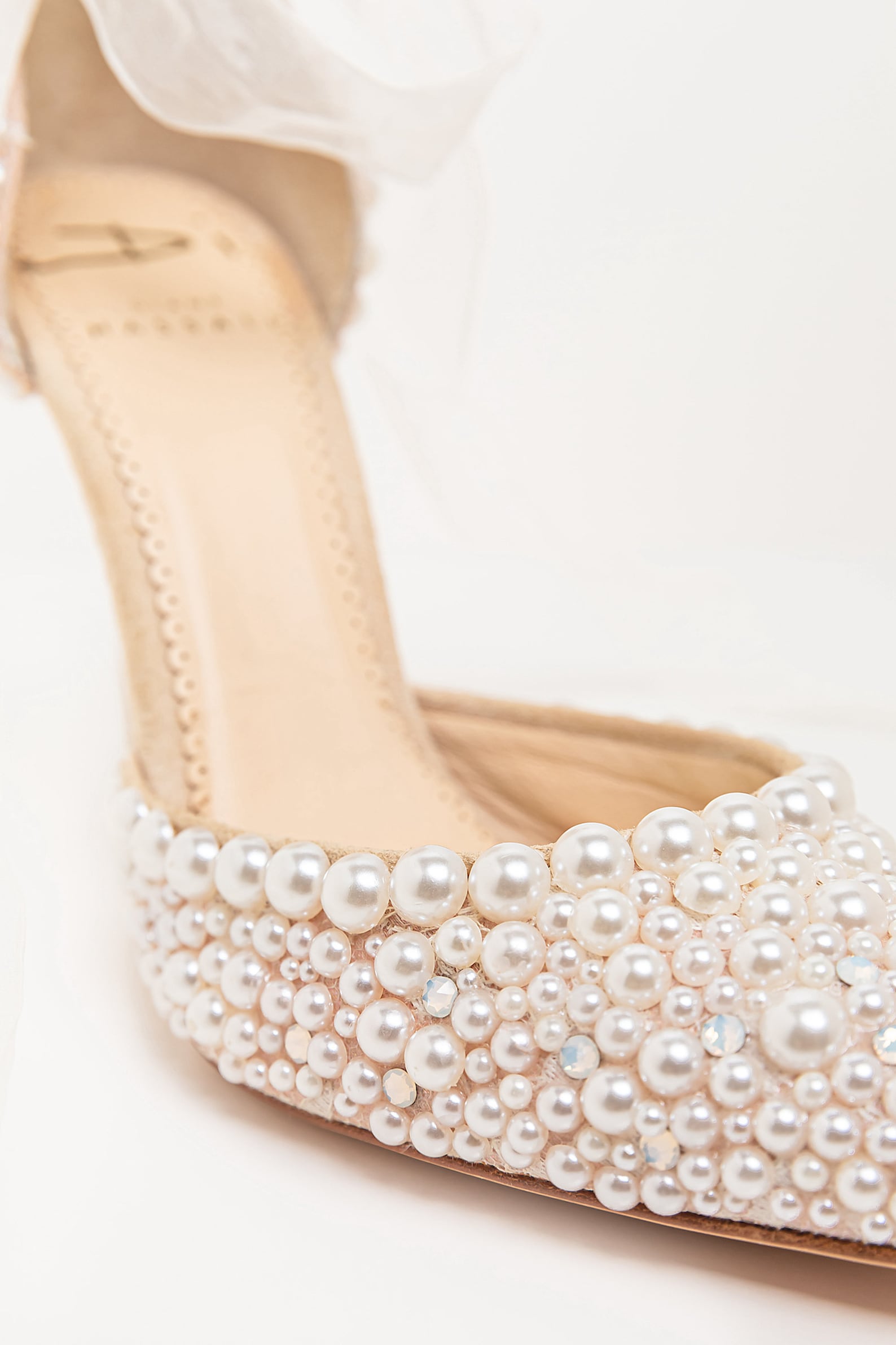 Perilla Pearl Wedding Shoes, Ankle Ties, Pearl Covered, Open Waisted ...