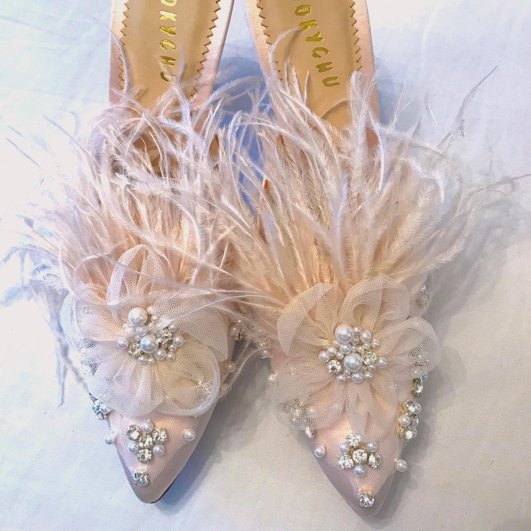 Pink Satin Mules With Feather Detail, Pearls + Diamanté. Feather Plume ...
