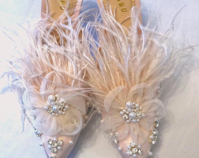 Pink Satin Mules With Feather Detail, Pearls + Diamanté. Feather Plume ...