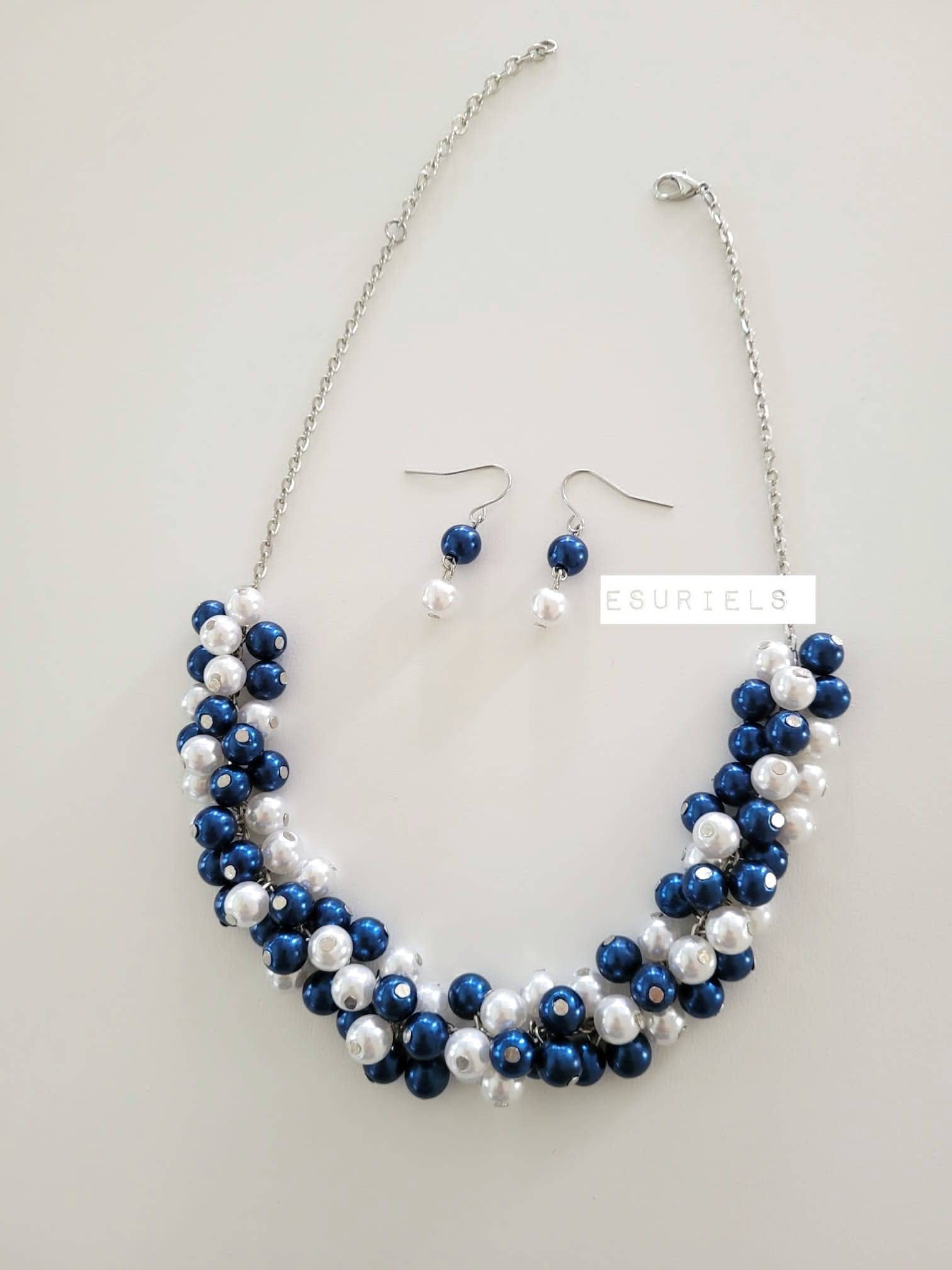 Royal Blue and White Pearl Necklace Set, Cluster Pearl Necklace, Chunky ...