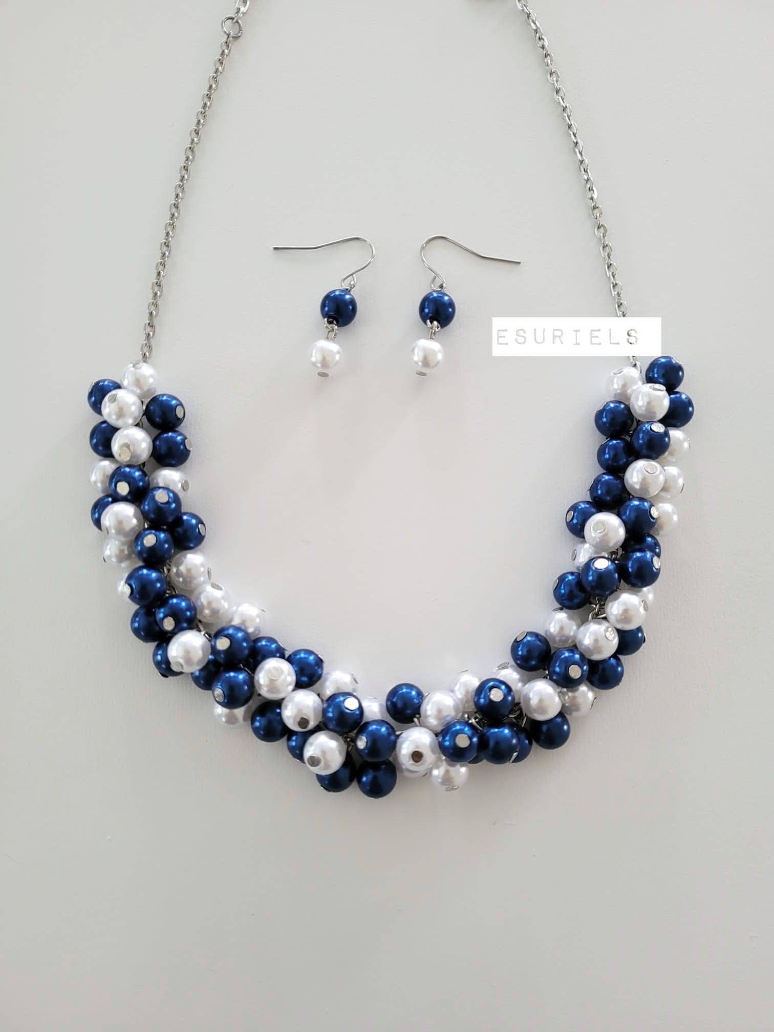 Royal Blue and White Pearl Necklace Set, Cluster Pearl Necklace, Chunky ...
