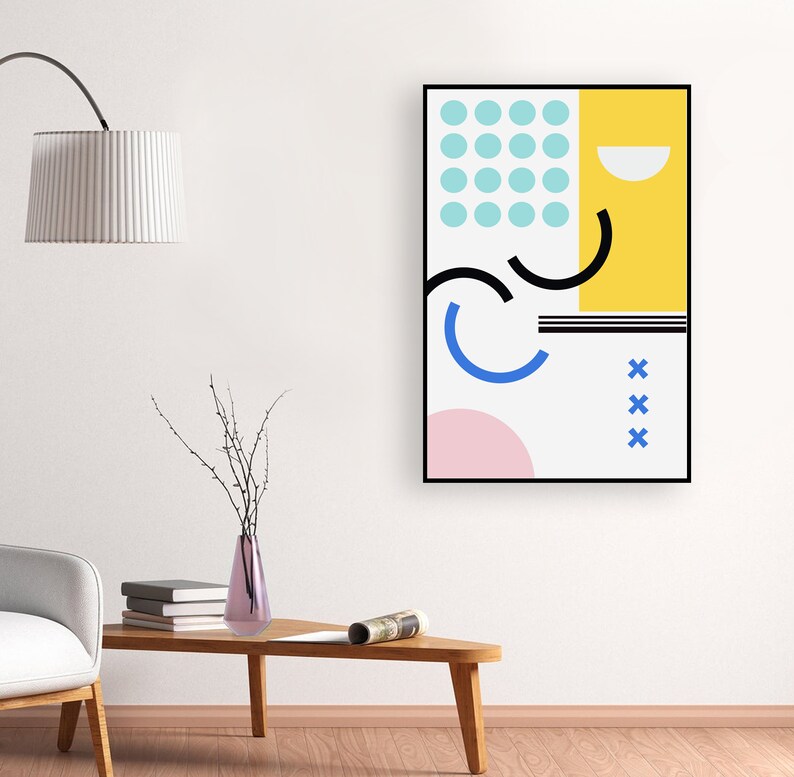 Abstract Geometric Shapes Poster Set of 3 Yellow Pink Blue Art ...