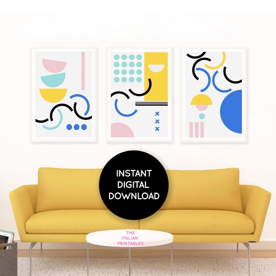 Abstract Geometric Shapes Poster Set of 3 Yellow Pink Blue Art | Etsy