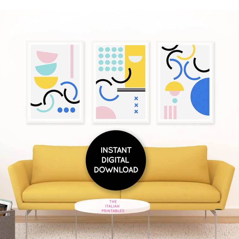Abstract Geometric Shapes Poster Set of 3 Yellow Pink Blue Art ...