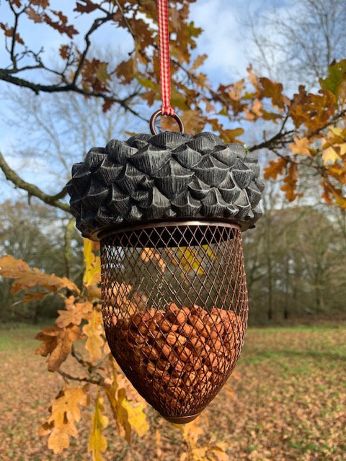 Acorn Bird Feeder With Red Gingham Ribbon for Hanging - Etsy UK