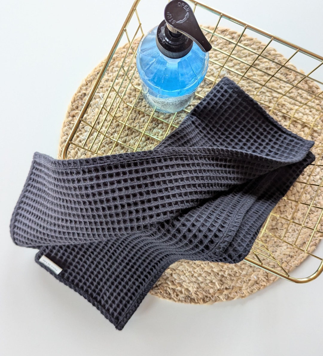 Elegant Black Waffle Cotton Hanging Hand Towel. Tea Towel for Kitchen ...