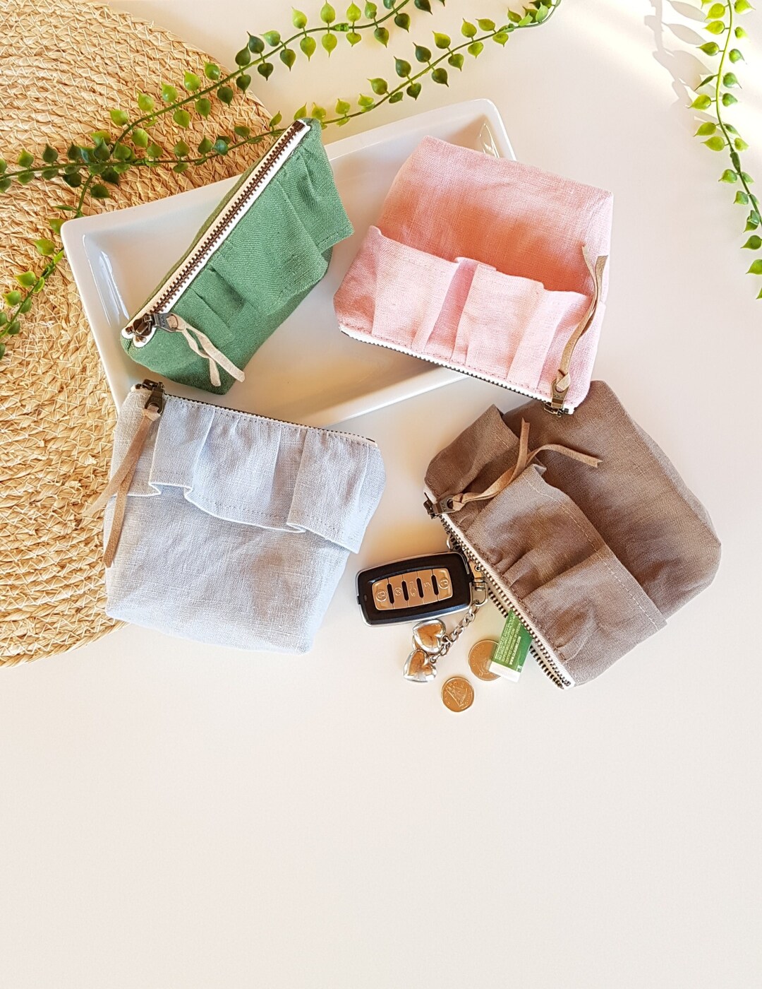 Handmade Small Ruffle Linen Pouch. Mini Zip Coin Purse. - Etsy