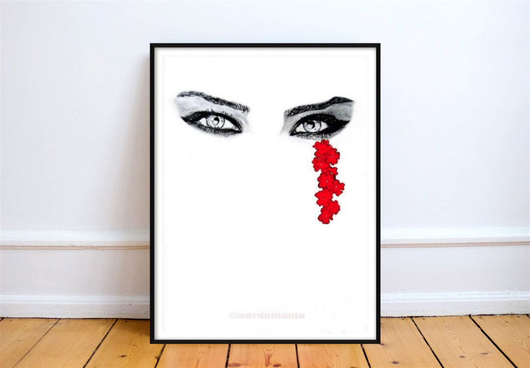 Crying Girl Print, Red Flower Tears Drawing, Gothic Eyes Wall Art, Eye ...