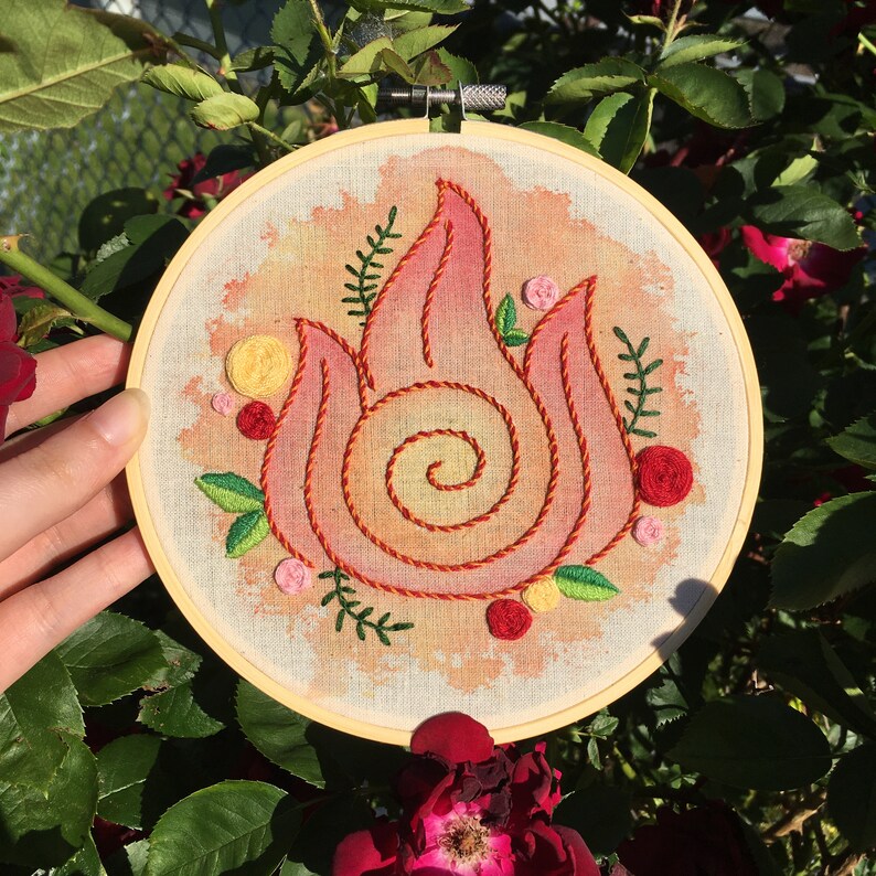 Fire Bender Wall Decor Hand Embroidered Fire Nation Symbol Watercolored ...
