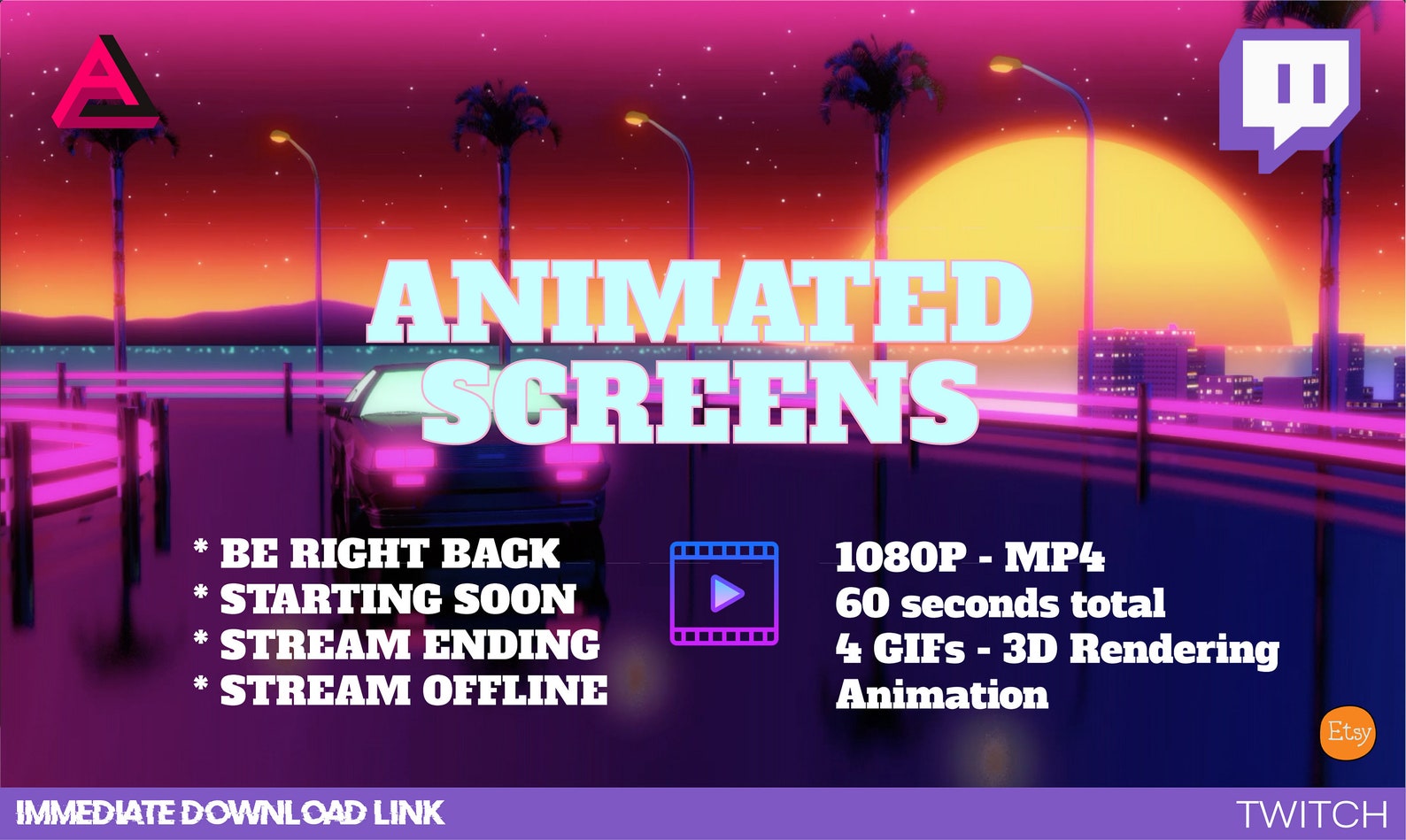 4 Screens Animated Twitch 3D Animation Rendering Night Drive - Etsy