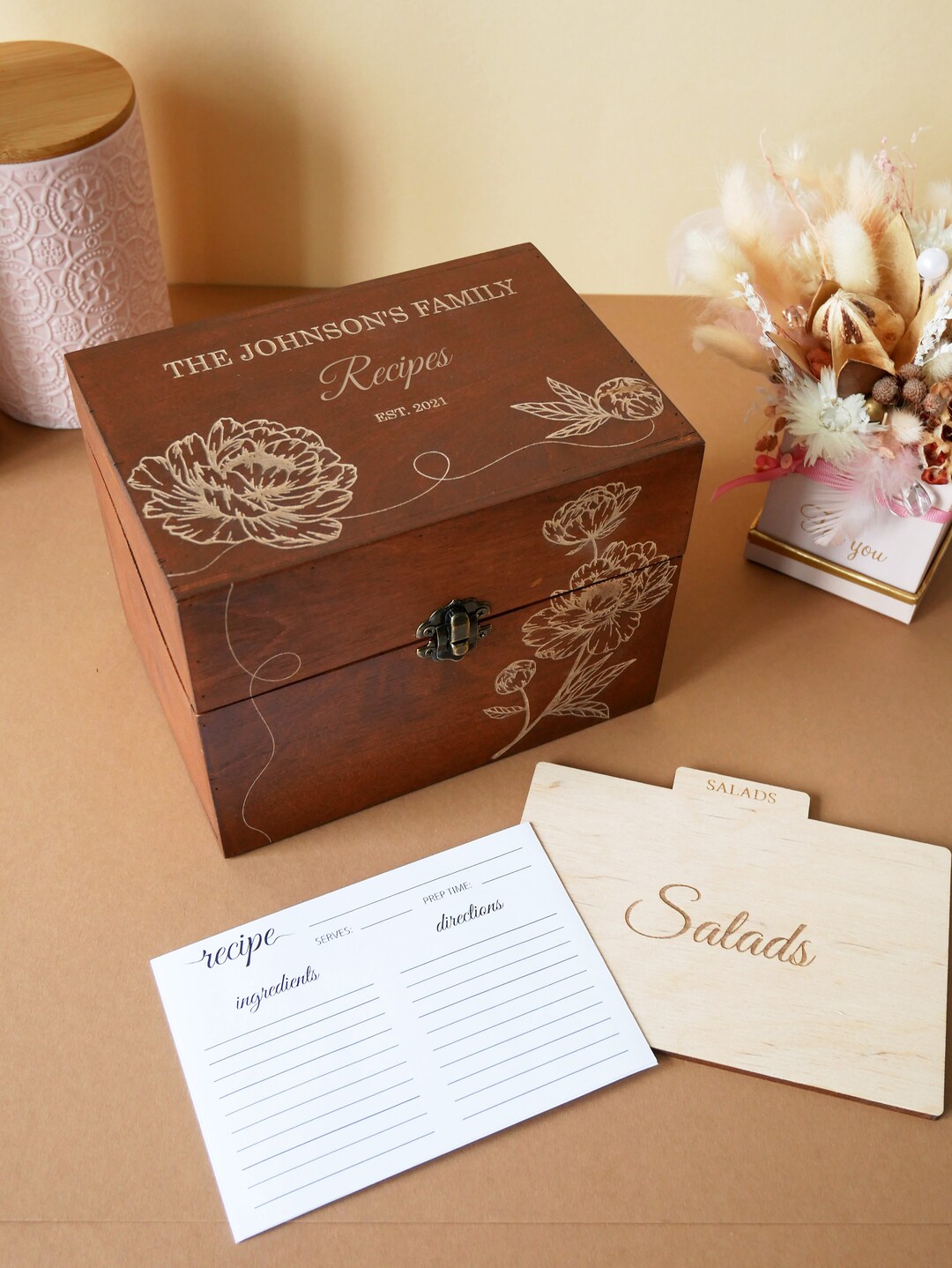 Wooden Recipe Box With Dividers Recipe Card Box Gift for - Etsy