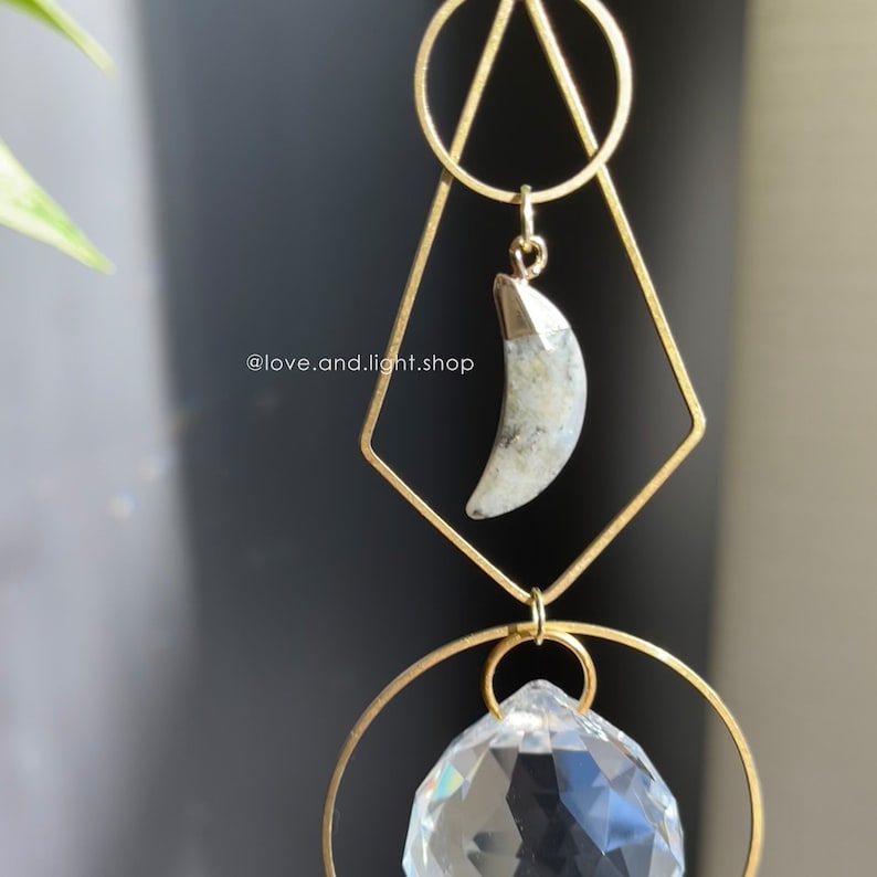 Labradorite Moon and Moth Suncatcher, Minimalist Decor, Geometric ...
