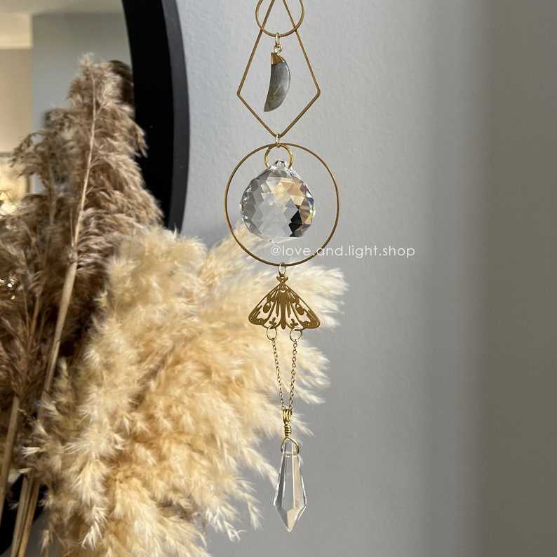 Labradorite Moon and Moth Suncatcher, Minimalist Decor, Geometric ...