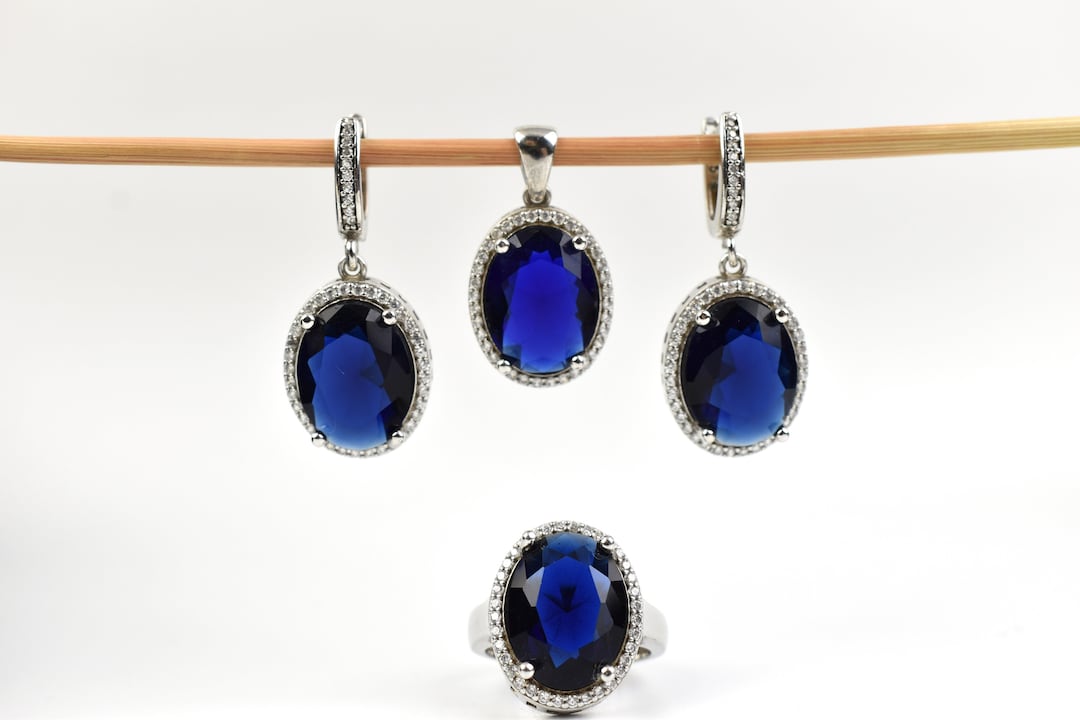 Conjunto de joyería de zafiro joyería hecha a mano pendientes de zafiro ...